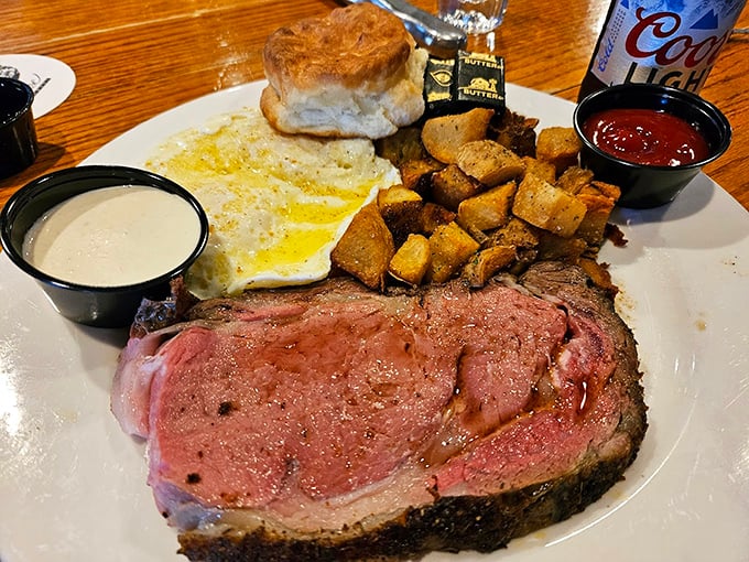 This prime rib isn't just cooked—it's been coaxed to perfection, with a rosy center that would make even the most jaded carnivore weak at the knees.