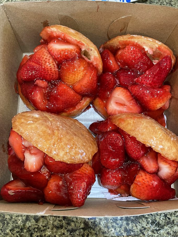 The legendary strawberry donuts – California's seasonal bounty stuffed generously between golden donut halves. Worth every sticky finger.