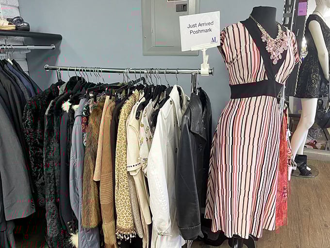 Fashion that spans decades hangs in perfect harmony – that striped dress isn't just clothing, it's someone's future favorite outfit waiting to be discovered.