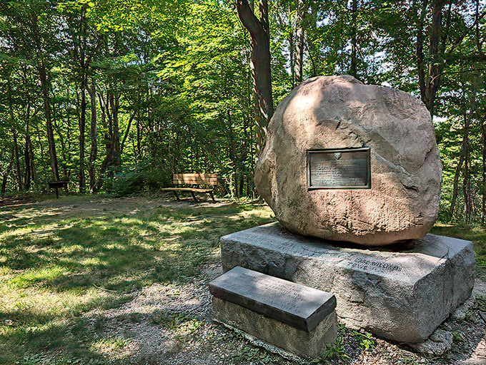 History stands solid as this commemorative boulder, a quiet sentinel in the dappled woodland light of Granville's natural spaces.