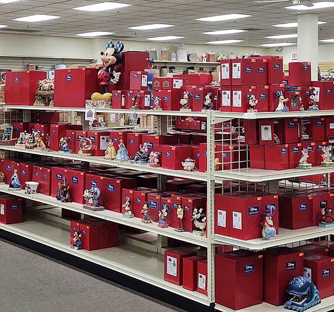 Disney collectibles line the shelves in their signature red boxes—proof that some childhood joys never lose their magic, even at adult prices. 