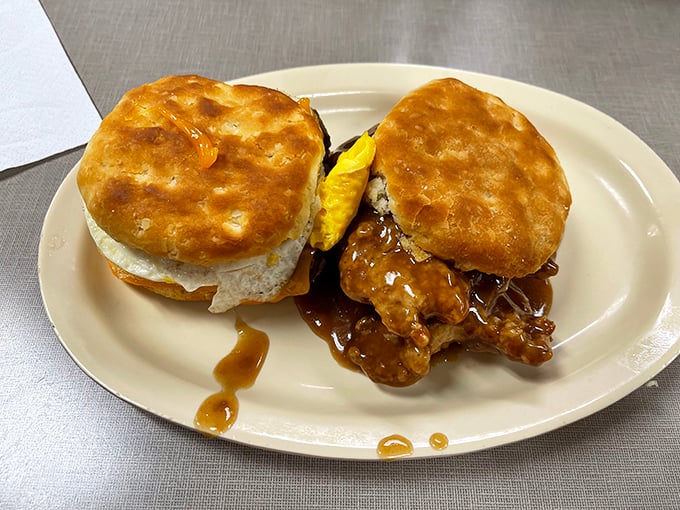 Behold the breakfast of champions: a tenderloin biscuit sandwich with gravy that could make even the most dedicated dieter temporarily abandon their principles.