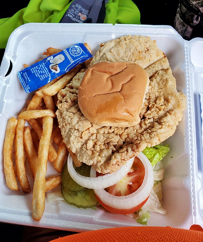 Behold the legendary tenderloin – a golden-fried masterpiece that laughs at the concept of bun-to-meat ratio.