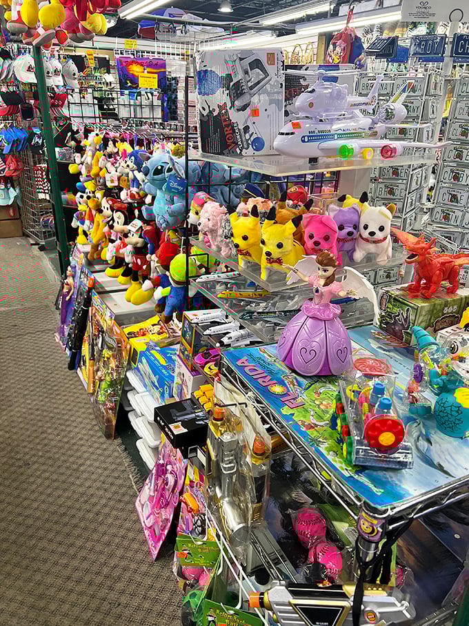 Childhood nostalgia explodes in rainbow colors where plush toys and trinkets create happiness by the handful.