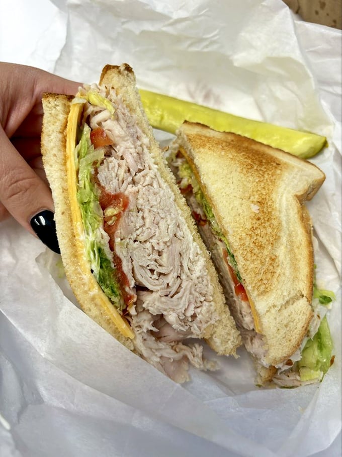 Turkey sandwich architecture at its finest. Each layer perfectly balanced, with that telltale pickle spear standing guard like a delicious sentinel.