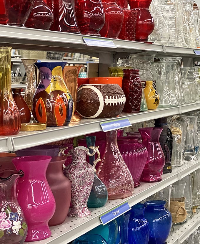 A rainbow of glassware that would make Martha Stewart swoon. That football-shaped vase might be the conversation piece your mantel never knew it needed.