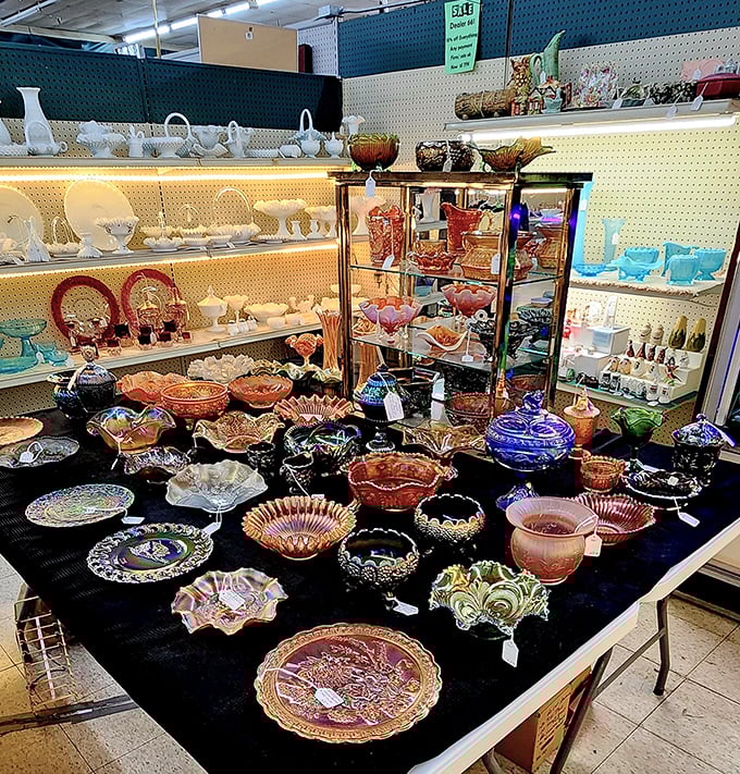 This carnival glass display is like stumbling into your great-grandmother's china cabinet after she won every midway game at the 1920s state fair.