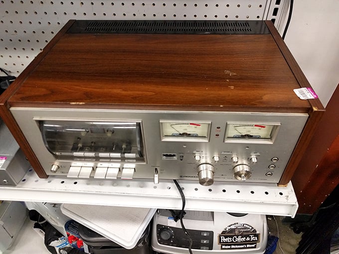 Audio enthusiasts, rejoice! This wood-paneled cassette deck isn't obsolete—it's vintage. Hipsters pay premium prices for this analog sound quality elsewhere.