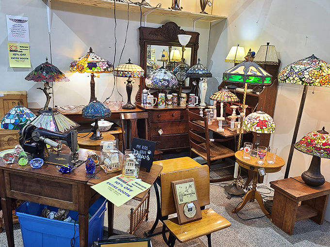 Tiffany would be jealous of this stained glass gathering. Each vintage lamp transforms ordinary light into an artistic statement, creating ambiance that no smartphone app could ever replicate. 