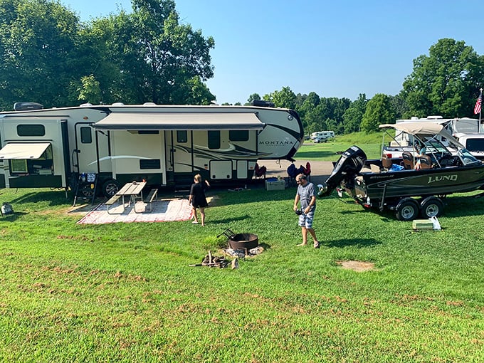 Camping nirvana: Where your RV becomes a lakeside penthouse and every campfire story tastes better with a side of starlight.