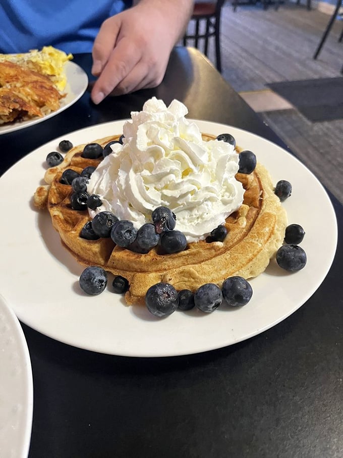This waffle doesn't just have blueberries – it's surrounded by them like a delicious moat protecting a castle of whipped cream.