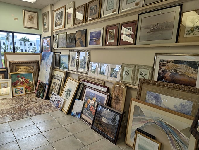 Wall-to-wall artwork transforms ordinary spaces into galleries. Someone's forgotten landscape might become your living room's conversation piece.