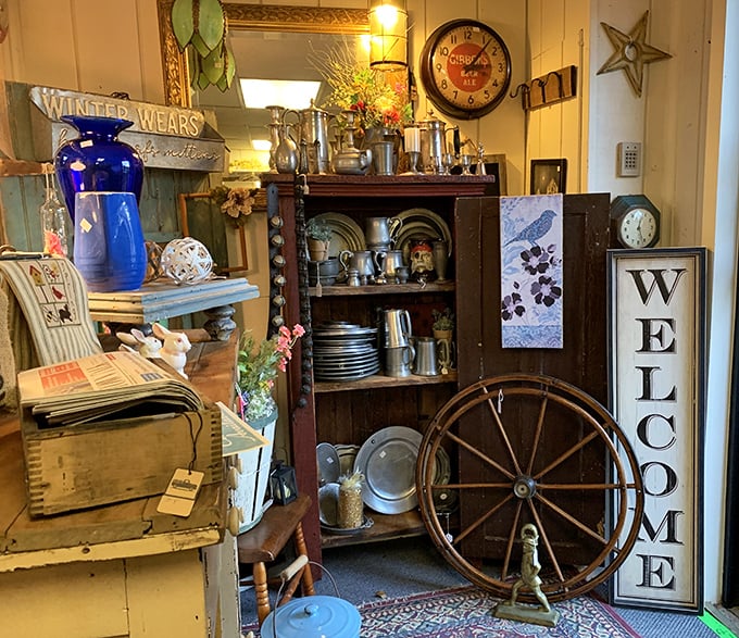 A "Welcome" sign surrounded by treasures that whisper "come closer, there's so much more inside to discover."
