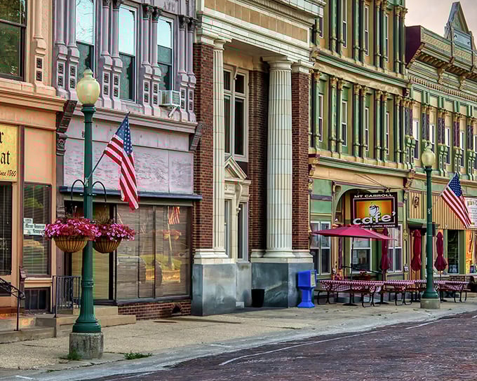 Café culture thrives on the courthouse square, where hanging flower baskets add splashes of color to the historic streetscape.