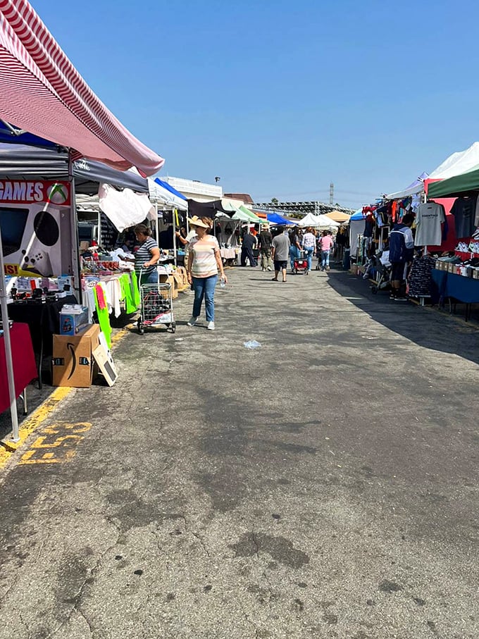 Rows of vendors line this bustling aisle where shoppers stroll under the California sun. Retail therapy without the retail prices.
