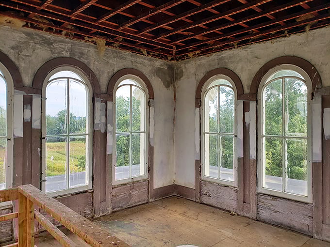 These arched windows frame the landscape like masterpiece paintings that change with every passing cloud and season.