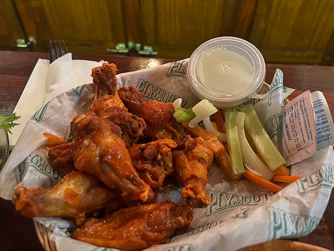Behold the golden beauties that launched a thousand road trips – perfectly sauced wings with celery soldiers standing guard.