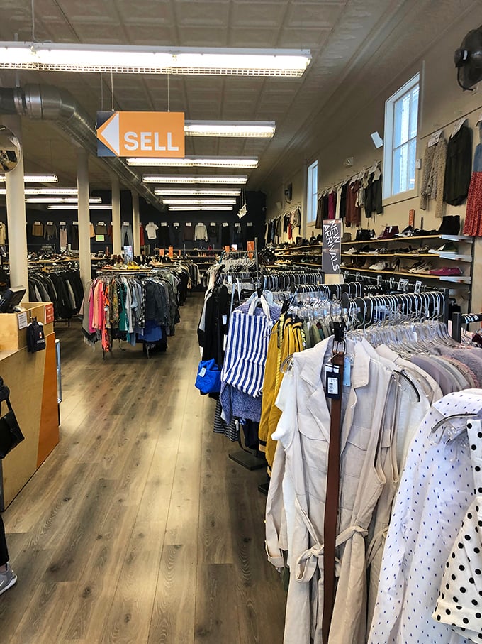 The women's section offers a rainbow of possibilities, with racks organized by type and size—a merciful system that saves your neck from that sideways-reading crick.