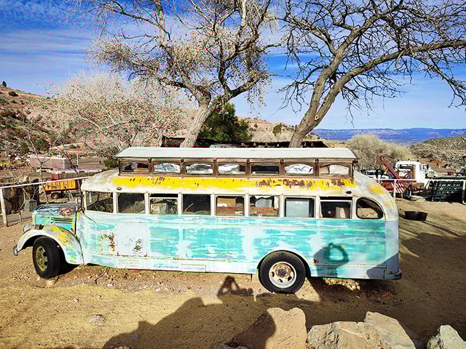 This vintage bus didn't just break down – it retired to Jerome's Gold King Mine, where vehicles come to live their best afterlife.