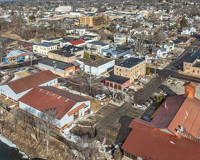 From above, Baraboo reveals its perfect small-town layout—a patchwork quilt of history, community, and Midwestern practicality nestled against the surrounding hills.