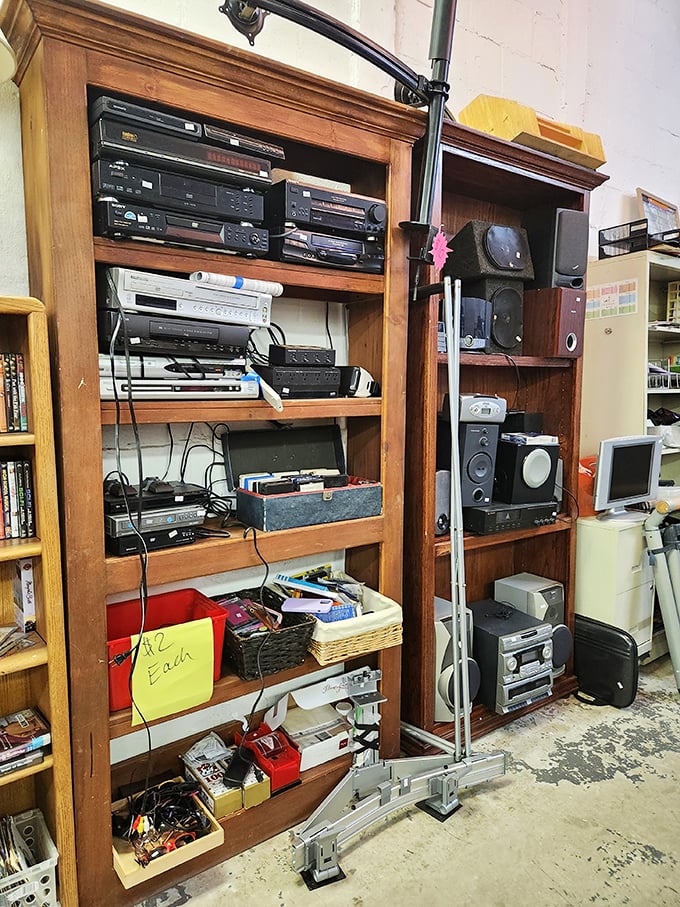 Technology graveyard or vintage audio heaven? These shelves of electronics represent decades of musical evolution, waiting for their second act.