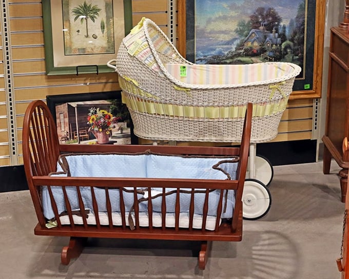 Baby furniture that tells stories of generations—wooden cradles and wicker baskets waiting for new chapters with families who appreciate vintage charm.