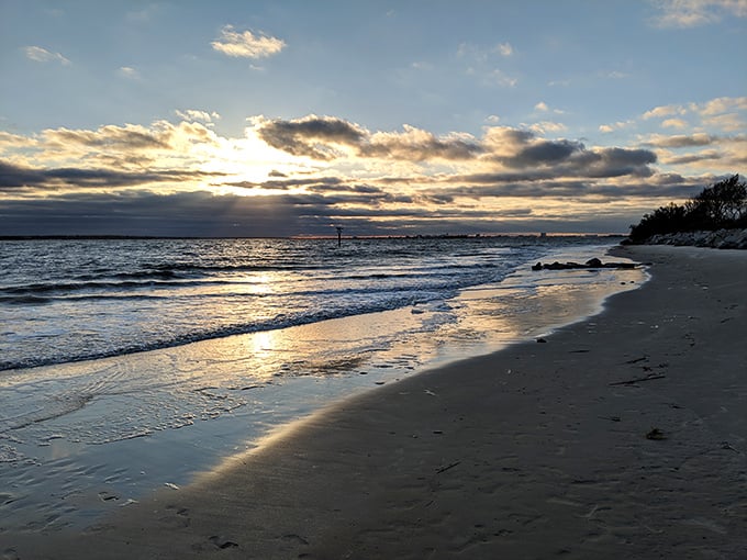Golden hour at Sullivan's Island beach paints the sand in amber hues. The footprints will wash away, but the memory of this sunset won't.