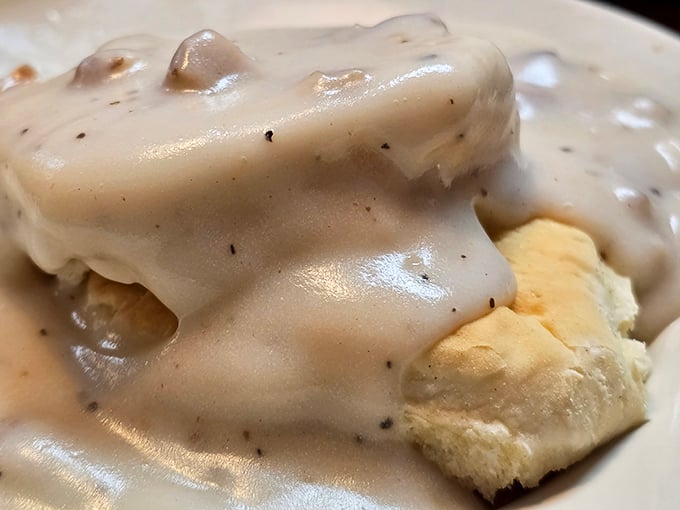 Behold the holy grail – biscuits and gravy so good you'll want to write home about it. That pepper-speckled gravy blankets the biscuit like a warm hug from your favorite aunt.