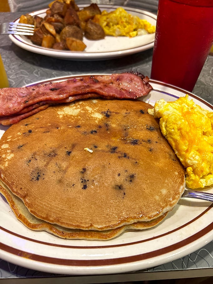Blueberry pancakes arrive looking like edible clouds dotted with nature's candy and crispy bacon companions.