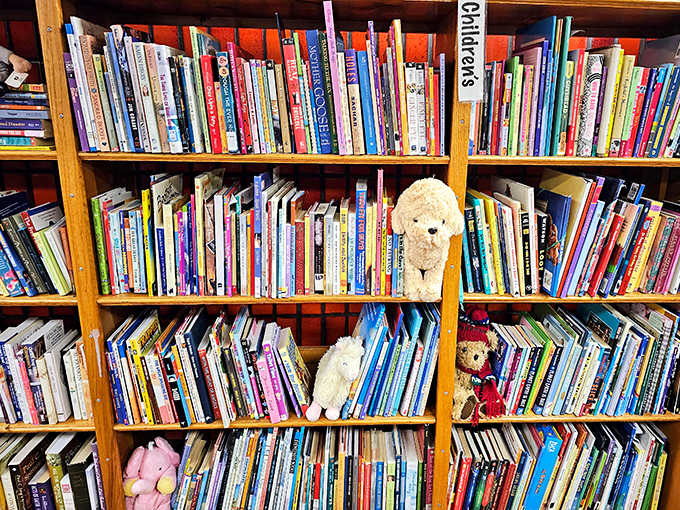 The children's book section – where literary treasures and stuffed animal stowaways create the perfect bedtime story companions.