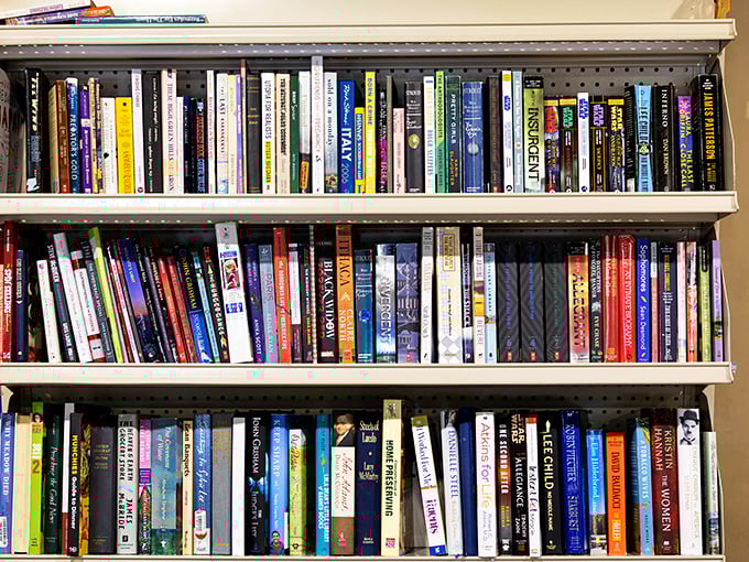 Literary treasures stacked spine-to-spine—a bibliophile's dream where Stephen King might rub covers with Julia Child. Knowledge by the pound!