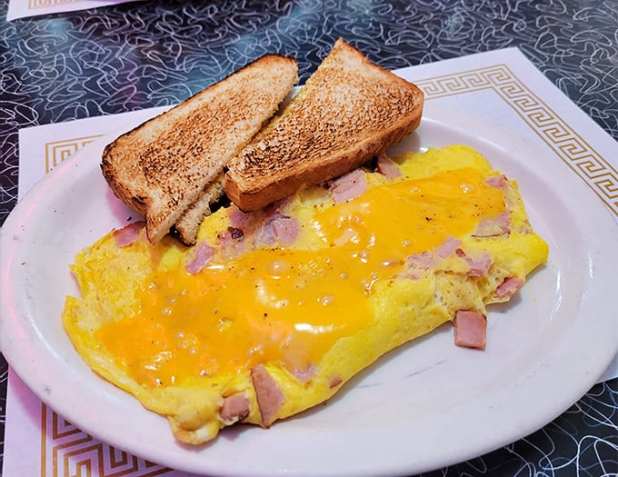 This ham and cheese omelet doesn't need fancy plating to impress—just perfectly fluffy eggs, generous fillings, and toast that's actually toasted right.