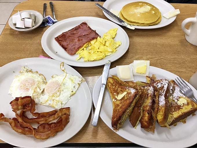 Breakfast perfection doesn't require fancy plating—just perfectly cooked eggs, bacon with that ideal crisp-to-chew ratio, and pancakes that taste like childhood.