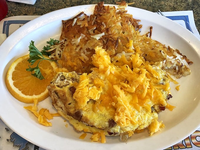Breakfast perfection on a plate—where hash browns achieve that mythical balance of crispy exterior and tender interior.