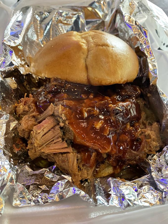 Behold the brisket sandwich in all its glory! That smoke ring isn't just for show—it's a pink badge of honor earned through hours of patient smoking.