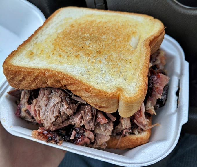 Behold, the brisket sandwich in its natural habitat—a humble styrofoam container. That perfect bark-to-meat ratio is what barbecue dreams are made of.