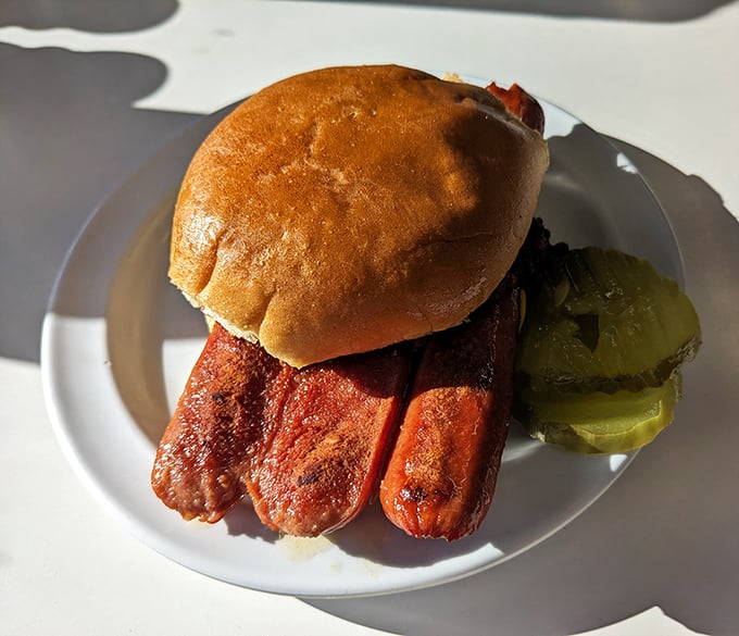 The burger arrives like a celebrity on its throne of white bread, flanked by pickle bodyguards—simple, unapologetic perfection.