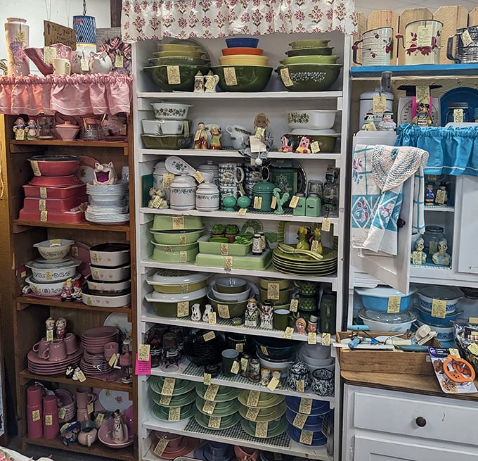 Pyrex paradise! For vintage kitchenware enthusiasts, this display is the equivalent of finding the Holy Grail – in avocado green, harvest gold, and flamingo pink.