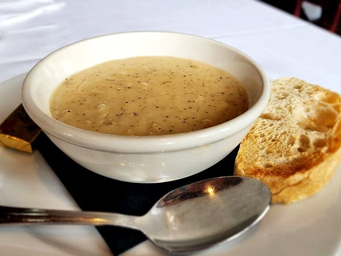 Simplicity in a bowl – this clam chowder doesn't hide behind fancy garnishes because it doesn't need to. The creamy perfection speaks volumes.