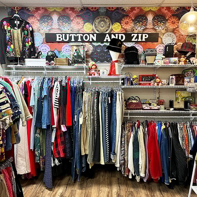 The "Button and Zip" clothing section offers vintage fashion treasures that would make any costume designer swoon. That checkered pattern? Pure nostalgia.