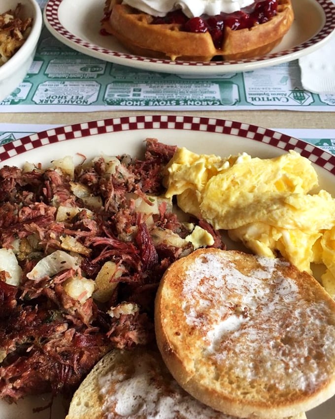 The star of the show: homemade corned beef hash that makes you question every other hash you've ever eaten. Paired with eggs and English muffin—breakfast nirvana achieved.