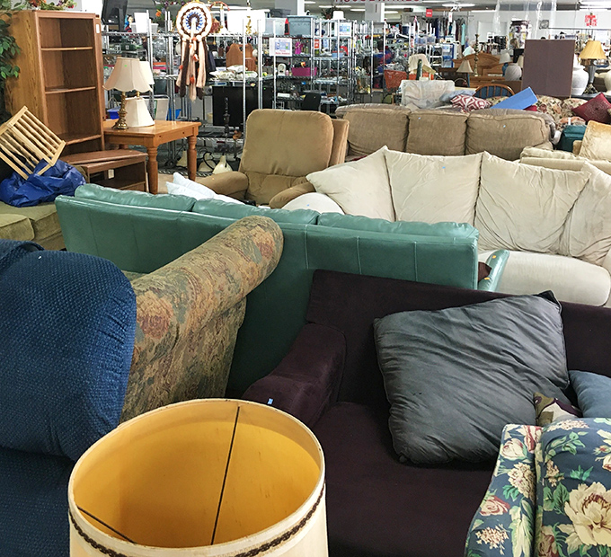 The couch section resembles a living room showroom designed by someone who couldn't decide on just one style—and thank goodness for that!
