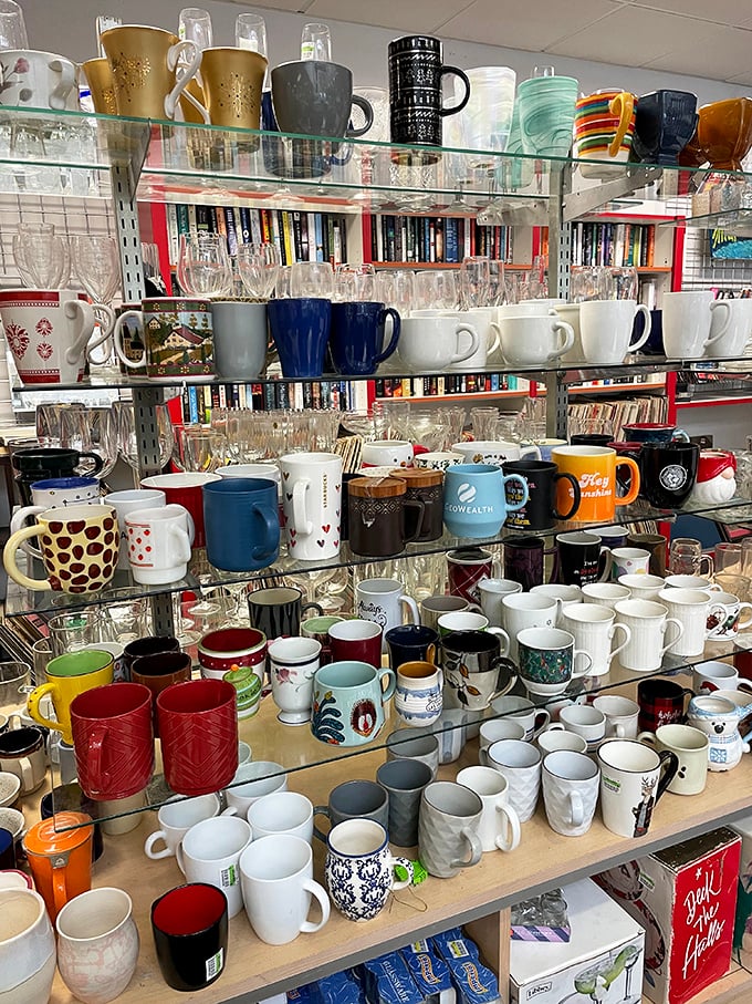 A veritable museum of mugs! Every cup tells a story – from corporate swag to vacation souvenirs that traveled far before landing here.