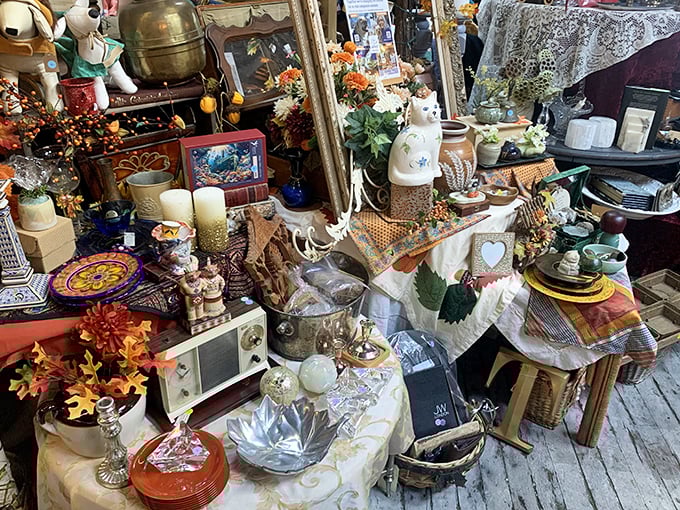 A maximalist's dream come true! Every surface tells a story, from crystal bowls to ceramic figurines—like your grandmother's china cabinet after it swallowed an antique store.