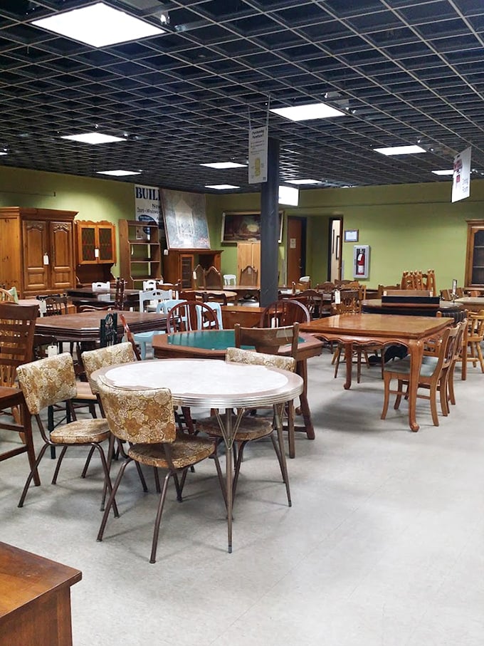 Mid-century modern meets farmhouse chic in the dining section, where family meals of the past await new conversations around their edges.