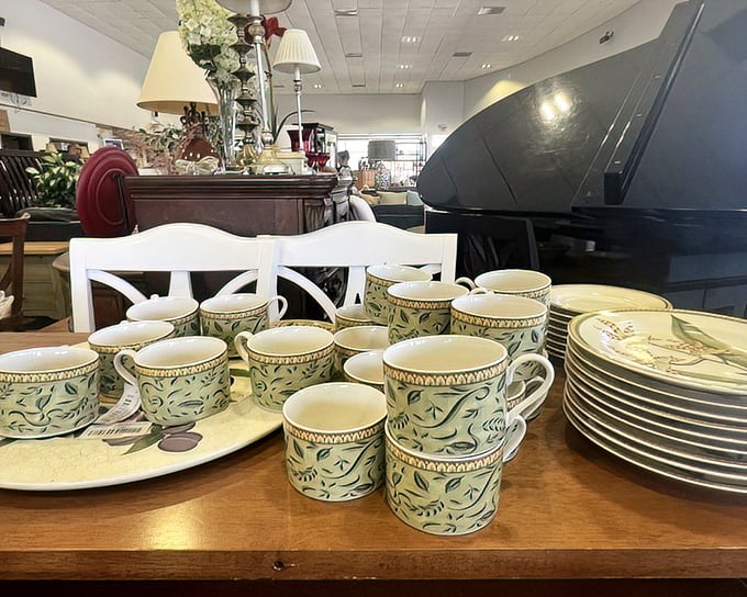 This dinnerware collection could host a dinner party that would make Martha Stewart nod in approval. Matching cups and saucers—the unicorns of thrifting!