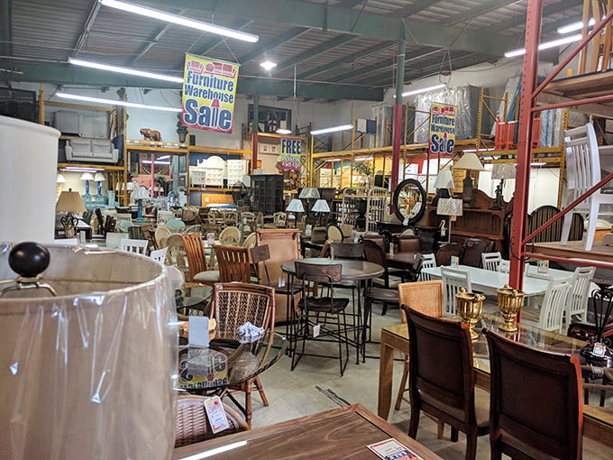 The warehouse stretches before you like an IKEA without the meatballs or relationship tests—just row after glorious row of furniture seeking new homes.