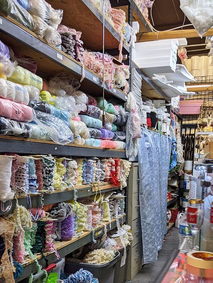 A crafter's dream come true—ribbons, trims, and fabrics in every imaginable color. Martha Stewart would need a second home just to store the inspiration found in this aisle. 