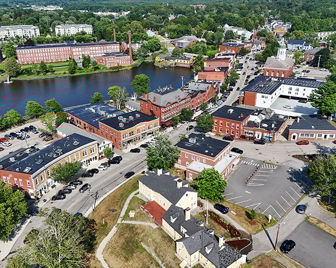 From above, Exeter reveals its perfect small-town layout—historic buildings hugging the riverfront, a testament to thoughtful planning that predates urban sprawl by centuries.