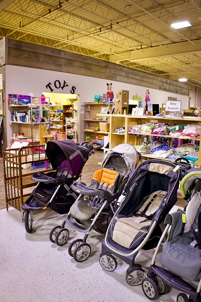 Stroller central! Young parents hit the jackpot here, where barely-used baby gear gets a second chance at adventure with new tiny humans.